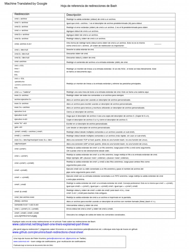 Bash Redirections Cheat Sheet | PDF | Ingeniería de software | Desarrollo de software