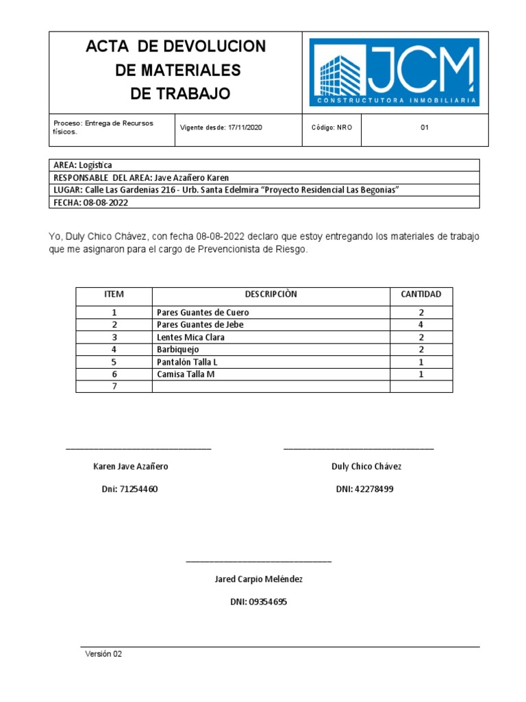 Acta de Devolucion de Materiales | PDF