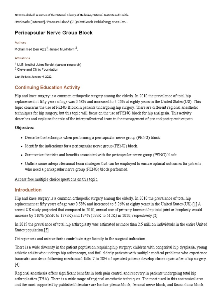 Pericapsular Nerve Group Block - StatPearls - NCBI Bookshelf 2022 | PDF ...