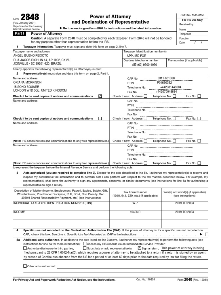 Peixoto, Angel - IRS Form 2848 | PDF | Internal Revenue Service | Payments