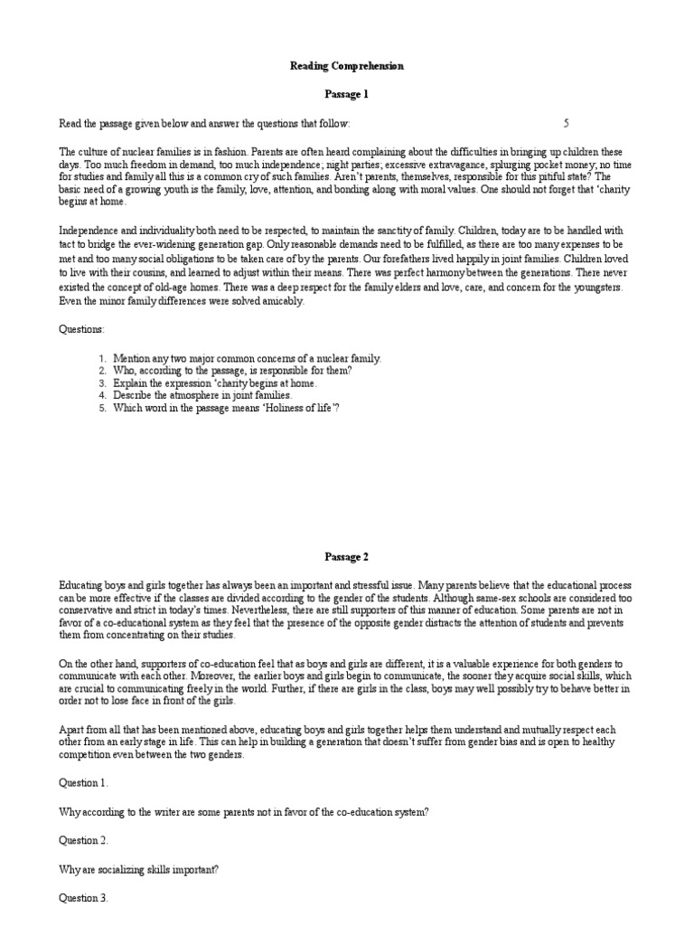 Reading Comprehension | PDF | Family | Gender