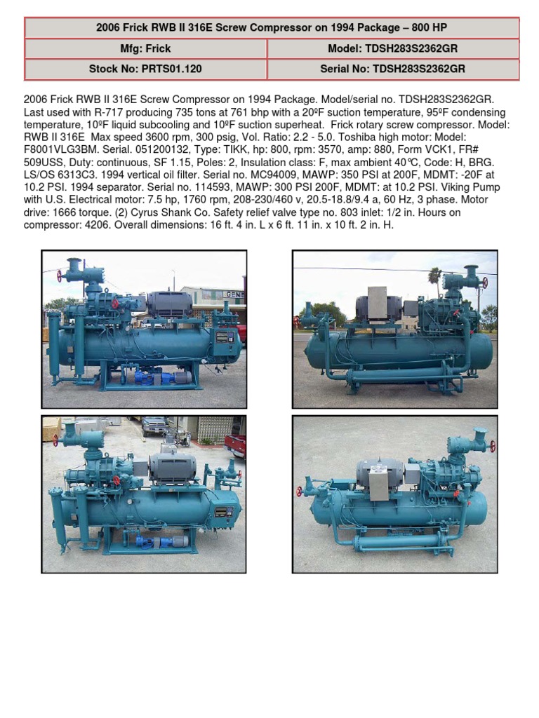 800 HP Frick RWB II 316E Screw Compressor on 1994 Refrigeration Package ...