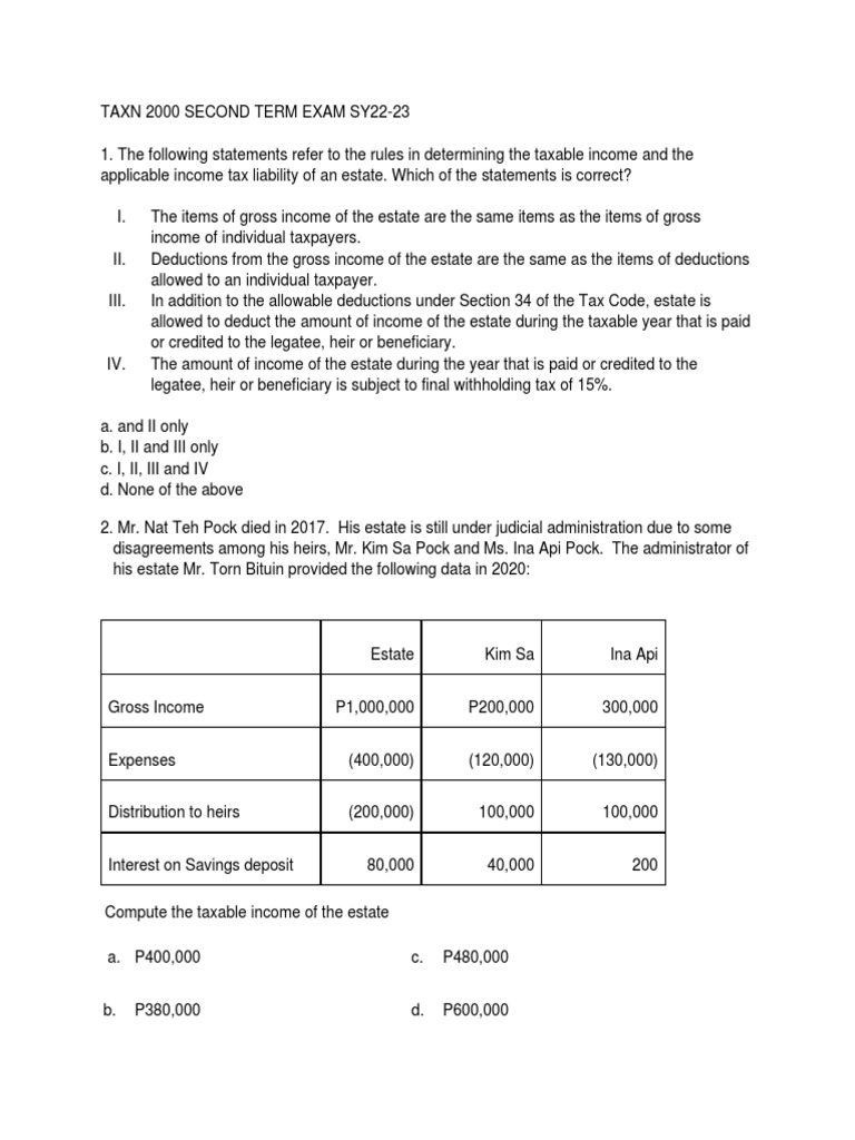 TAXN 2000 SECOND TERM EXAM SY22 23 Questionnaire | PDF | Tax Deduction | Payments