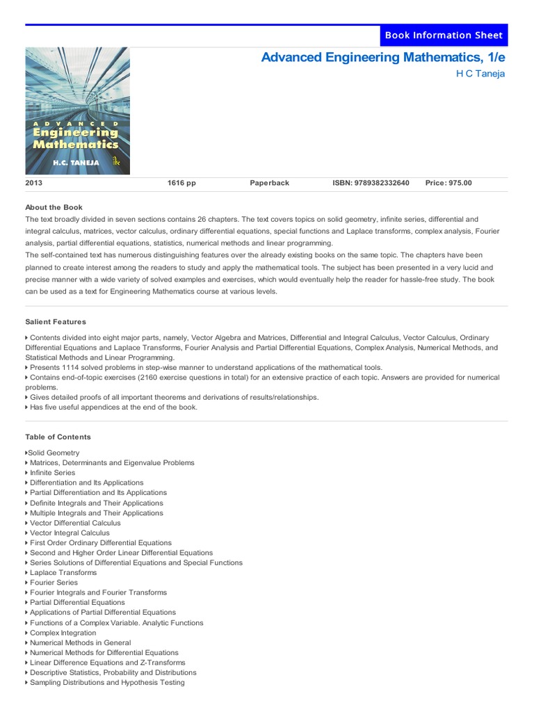 Advanced Engineering Mathematics, 1/e: Book Information Sheet Book ...
