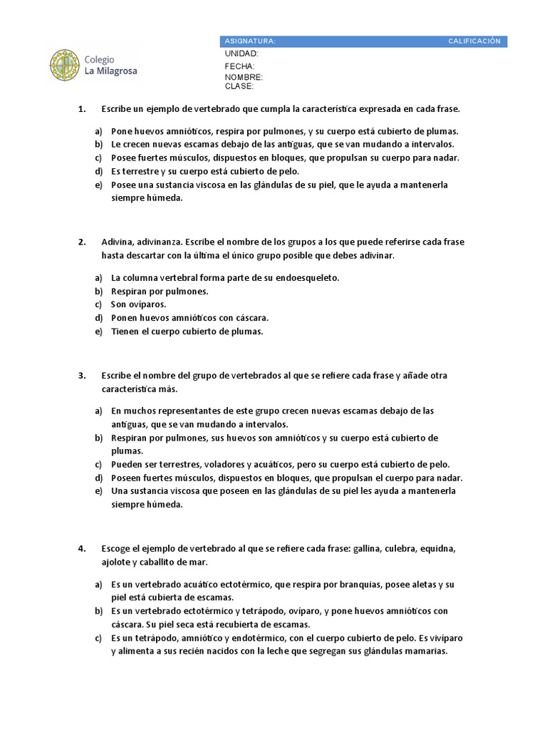 Examen de Vertebrados | PDF | Piel | Vertebrados