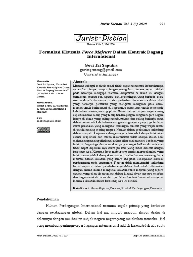 Formulasi Klausula Force Majeure Dalam Kontrak Dag | PDF | Hukum