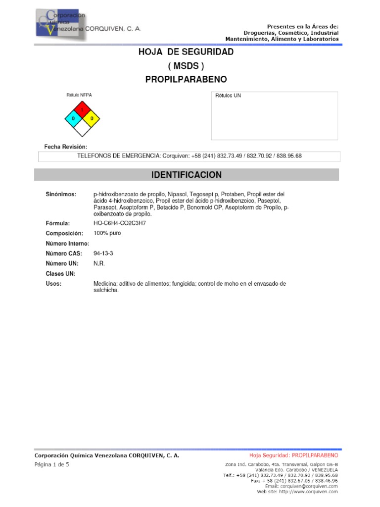 HOJA DE SEGURIDAD (MSDS) PROPILPARABENO IDENTIFICACION - PDF | PDF