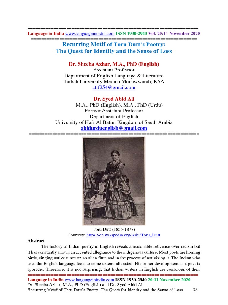 Recurring Motif of Toru Dutt's Poetry: The Quest For Identity and The ...