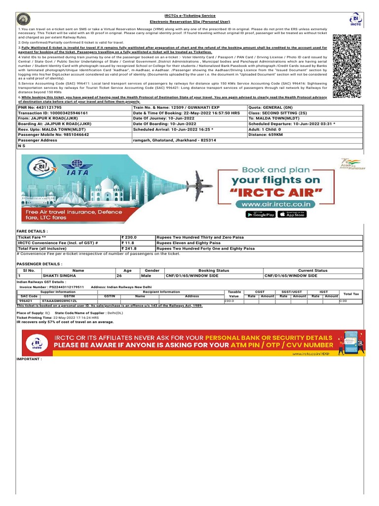 Irctc Ticket | PDF | Identity Document | Payments