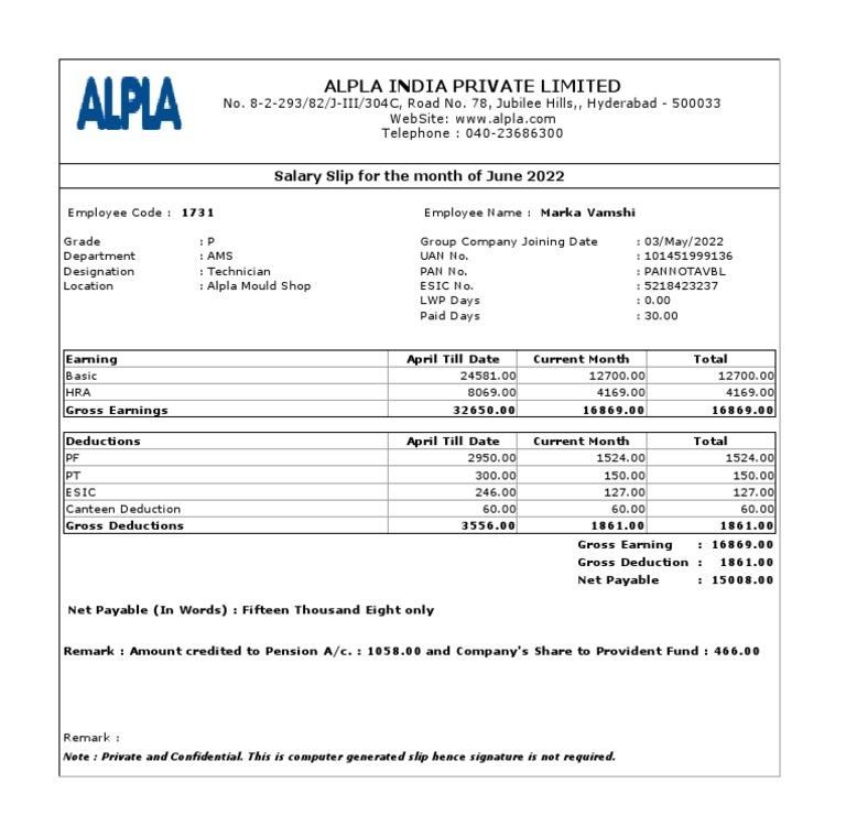 Alpla India Private Limited: Salary Slip For The Month of June 2022 | PDF