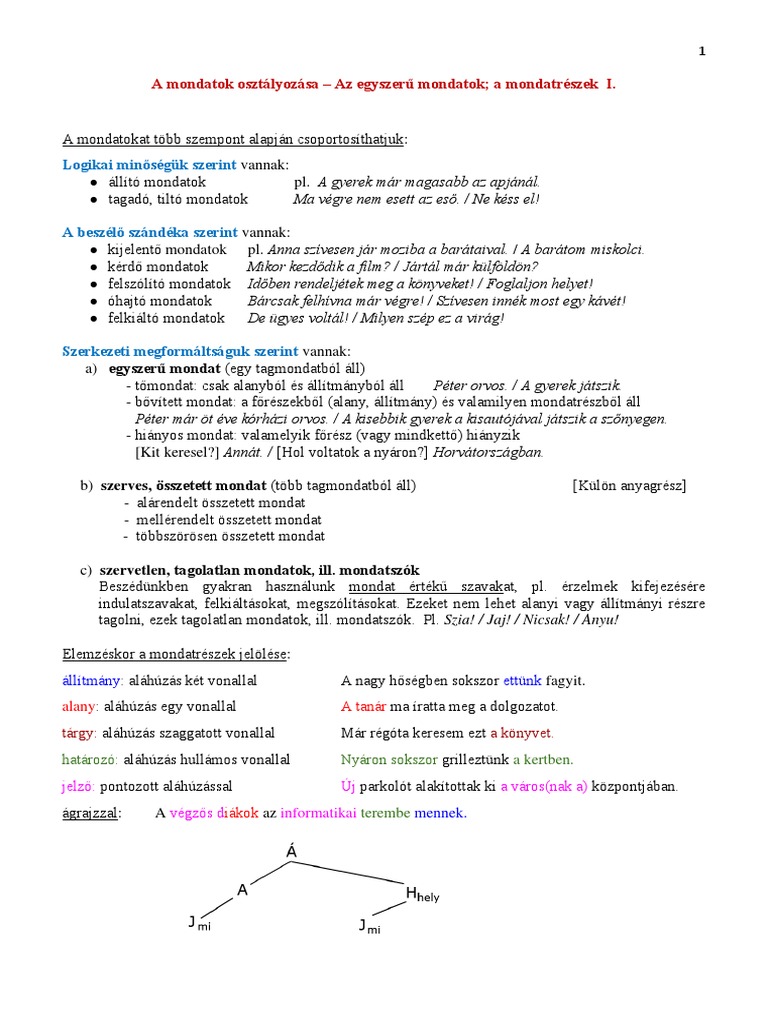 Az Egyszerű Mondatok, A Mondatrészek I. | PDF
