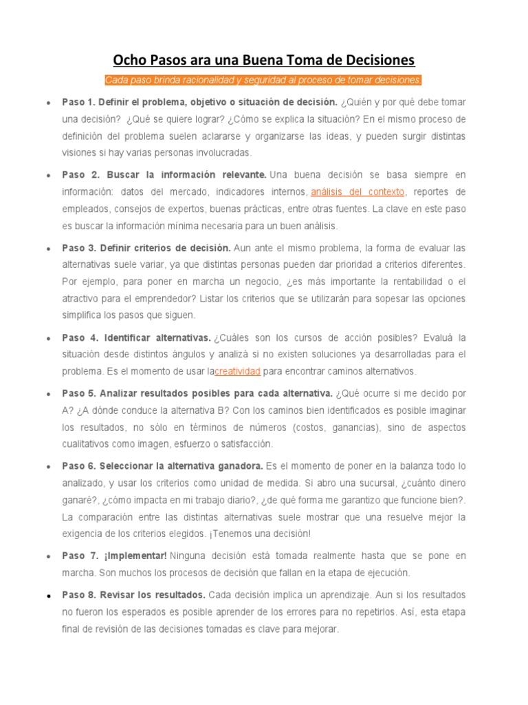 Ocho Pasos Ara Una Buena Toma de Decisiones | PDF