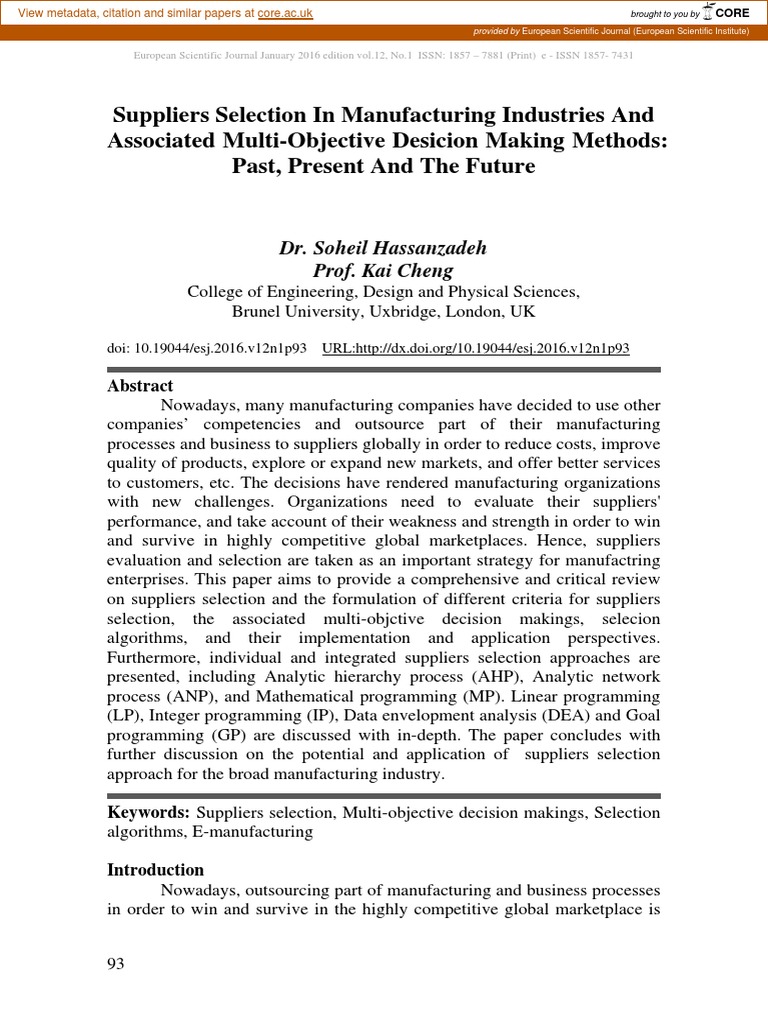 Suppliers Selection in Manufacturing Industries and Associated Multi-Objective Desicion Making ...