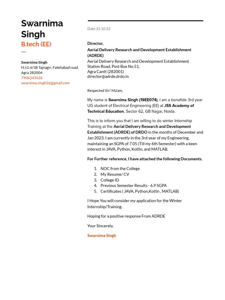DRDO Internship Application by Swarnima Singh | PDF
