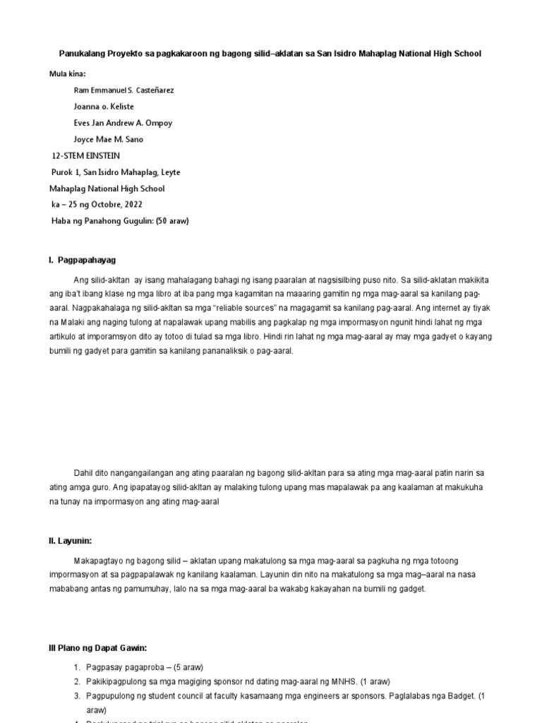 Panukalang Proyekto Sa Pagkakaroon NG Bagong Silid | PDF