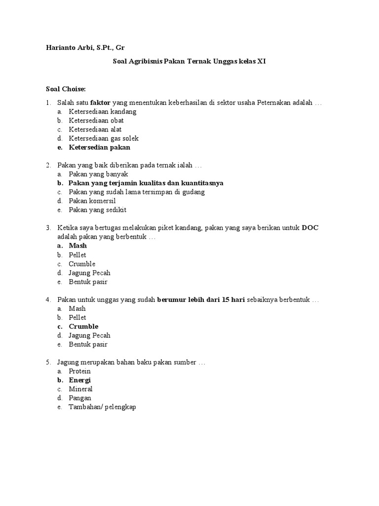 Soal Pakan Ternak Unggas Kelas XI ATU | PDF
