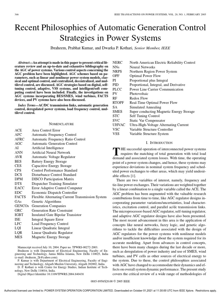 Recent Philosophies Of Automatic Generation Control Strategies In Power Systems Pdf Control