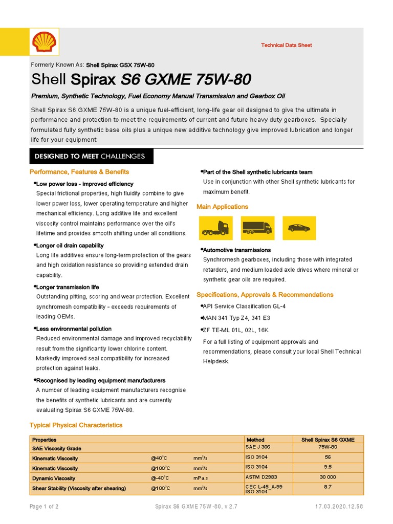 TDS Shell Spirax s6 Gxme 75w-80 | PDF | Lubricant | Chemistry