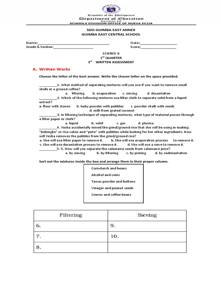 Class 6 Science Assessment: Mixture Separation | PDF | Filtration ...