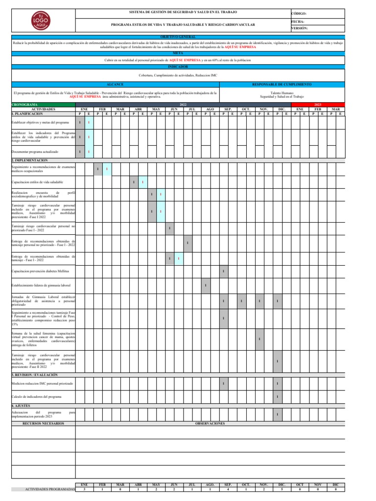 Cronograma Programa Estilos de Vida Saludable y Riesgo Cardiovascular | PDF