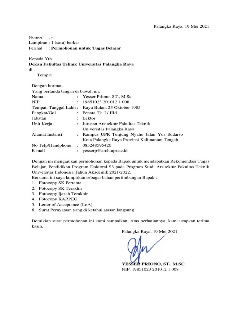 Surat Permohonan Tugas Belajar Ke Dekan FT | PDF