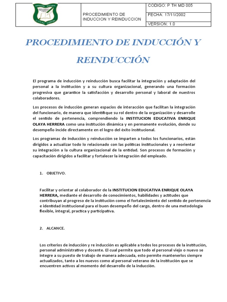 Anexo 6. P TH MD 005 Procedimiento de Inducción y Reinducción | PDF | Evaluación | Institución