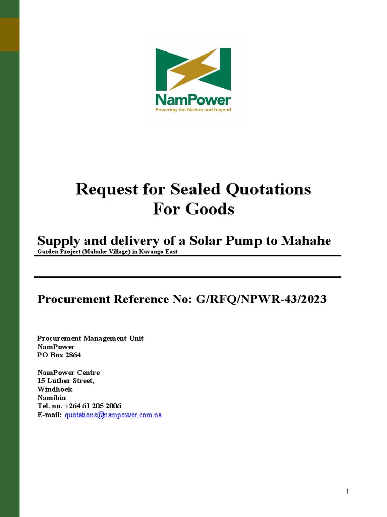 Solar Pump Quotation Request for Mahahe | PDF | Specification ...