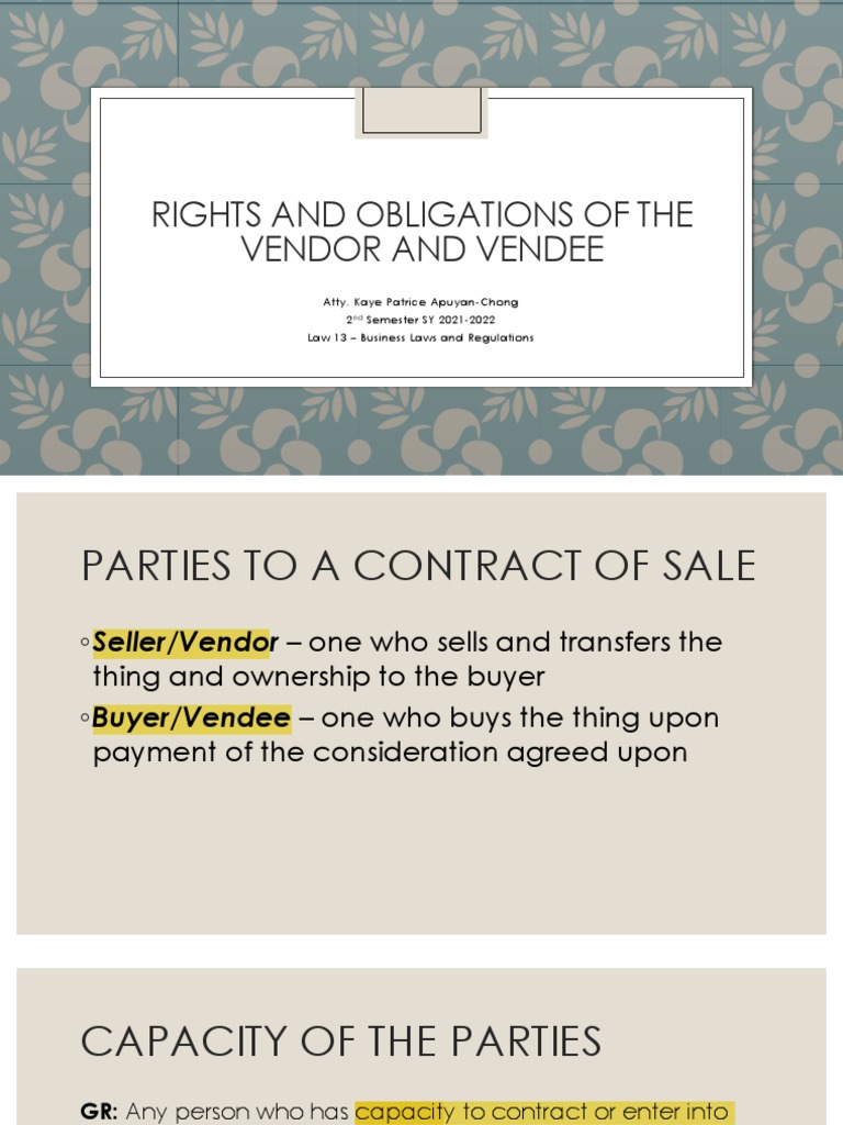Vendor and Vendee: Rights Explained | PDF | Finance & Money Management