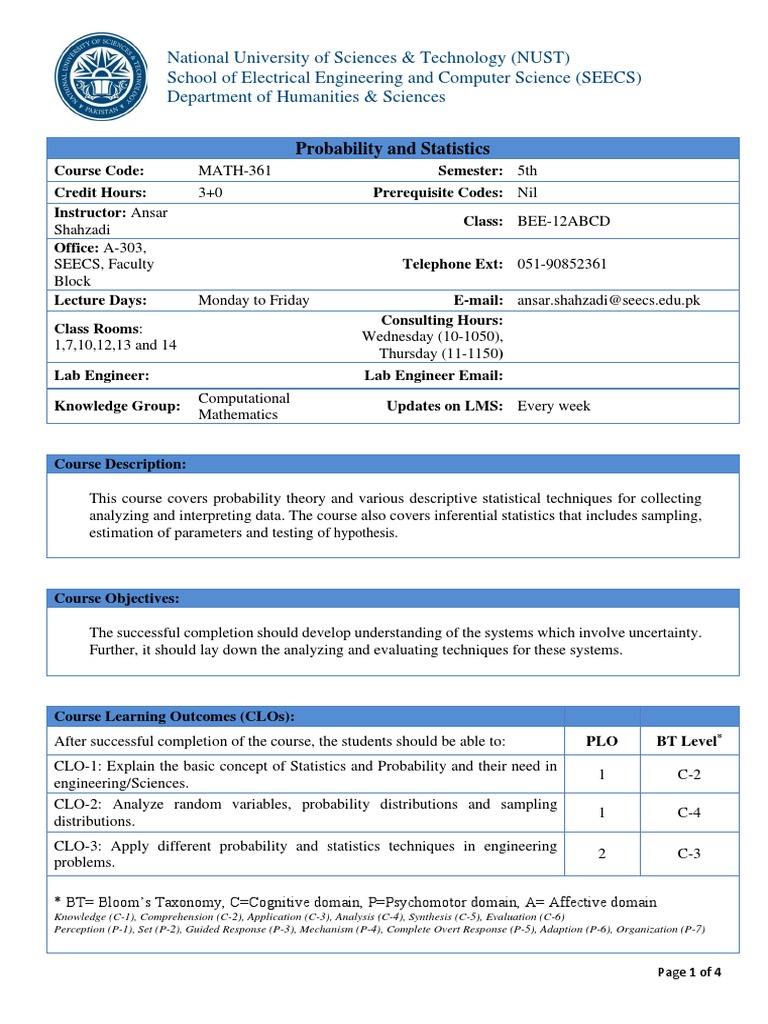Course Outline-Probability and Statistics (MATH-361) | PDF ...