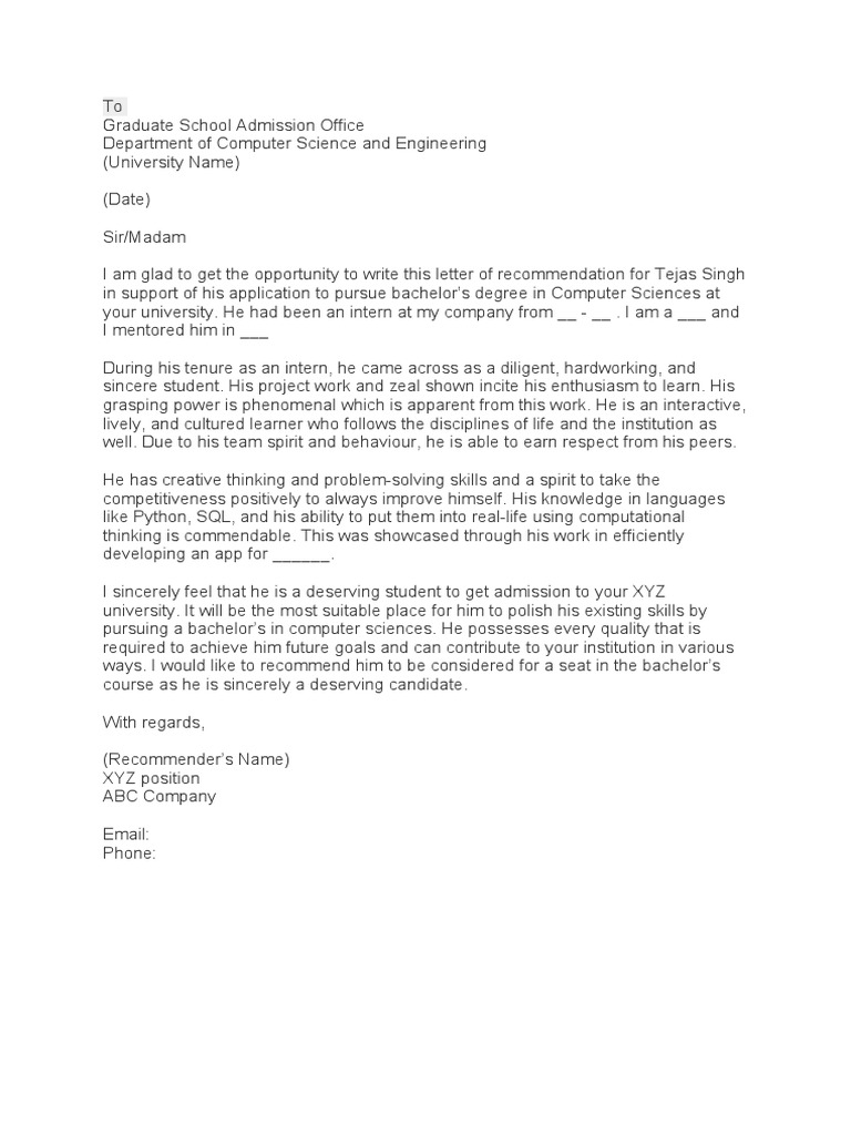 Sample Internship LOR | PDF