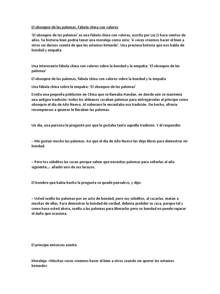 El Obsequio de Las Palomas - Fábula China | PDF El Obsequio de Las Palomas - Fábula China | PDF