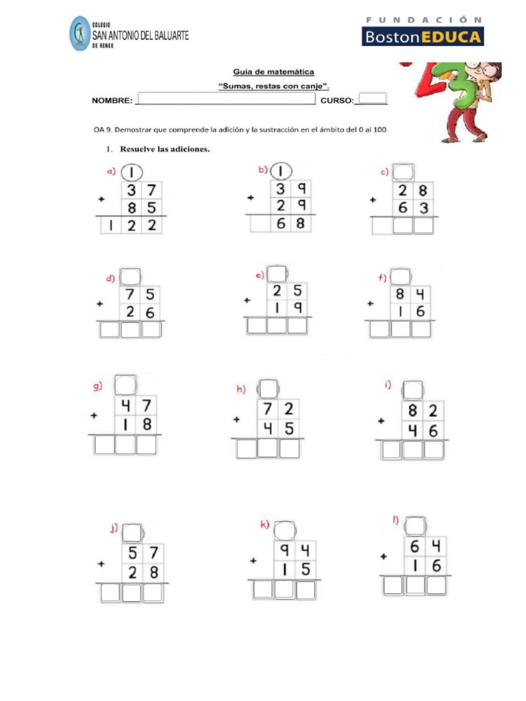 Guia Segundo Basico Restas y Sumas Con Reservas | PDF