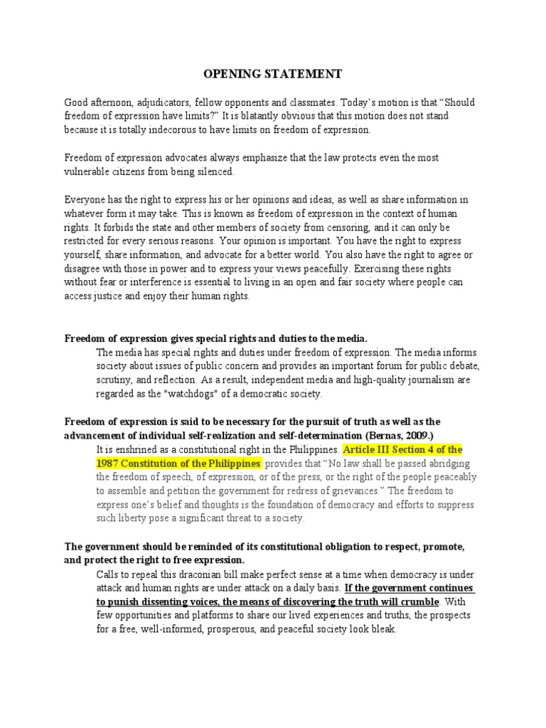 Opening Statement Debate | PDF | Freedom Of Speech | Freedom Of The Press