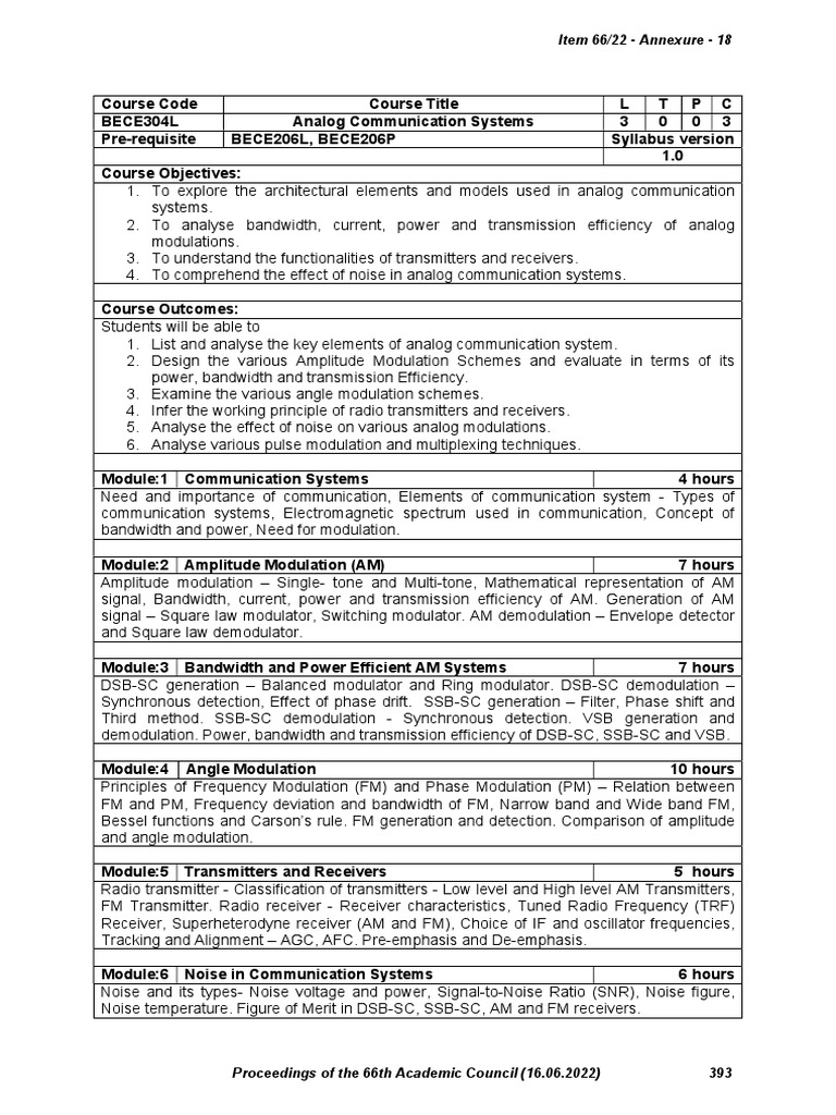Bece304l Analog-Communication-Systems TH 1.0 71 Bece304l 66 Acp | PDF | Modulation | Frequency ...