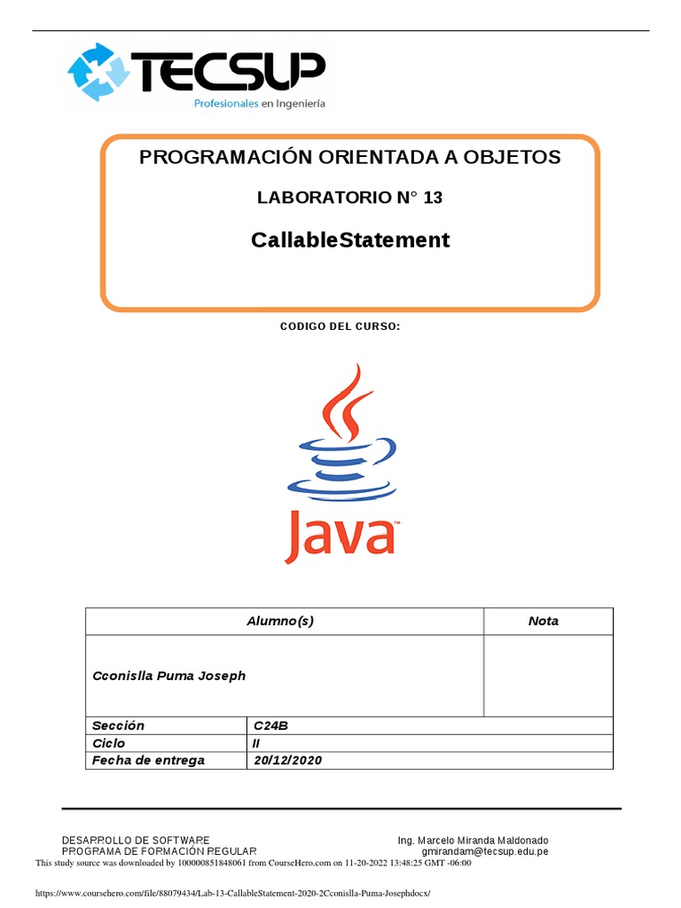 Lab 13 CallableStatement 2020 2 Cconislla Puma Joseph | PDF | Programación de computadoras ...