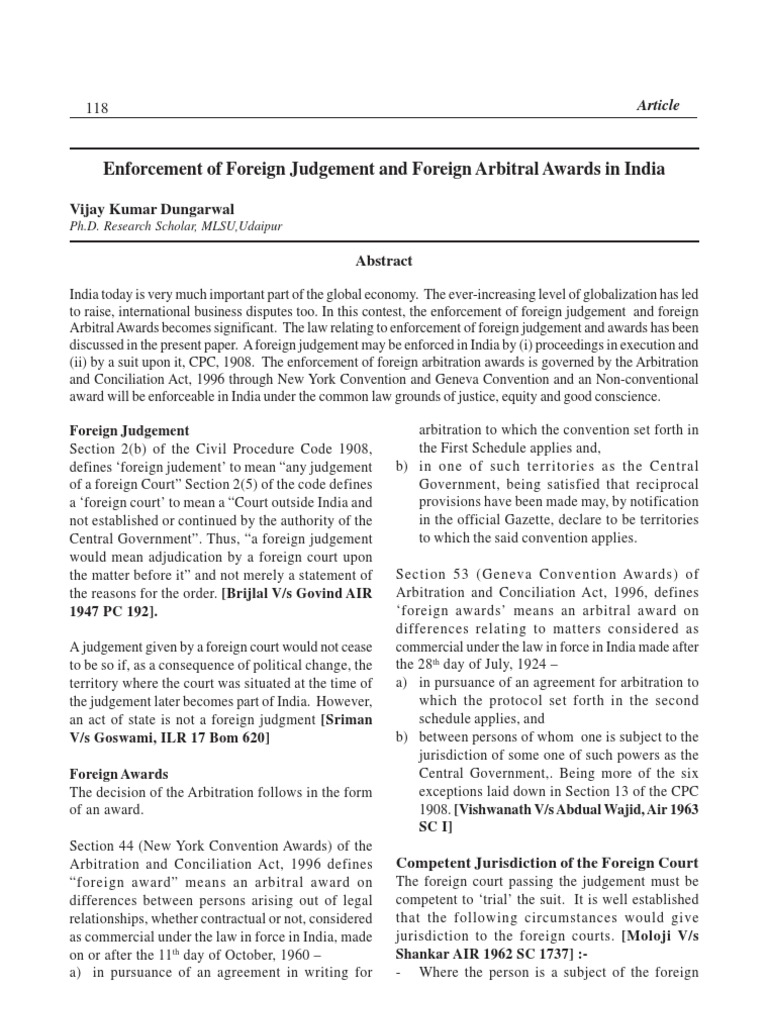 Enforcement of Foreign Judgement and Foreign Arbitral Awards in India ...