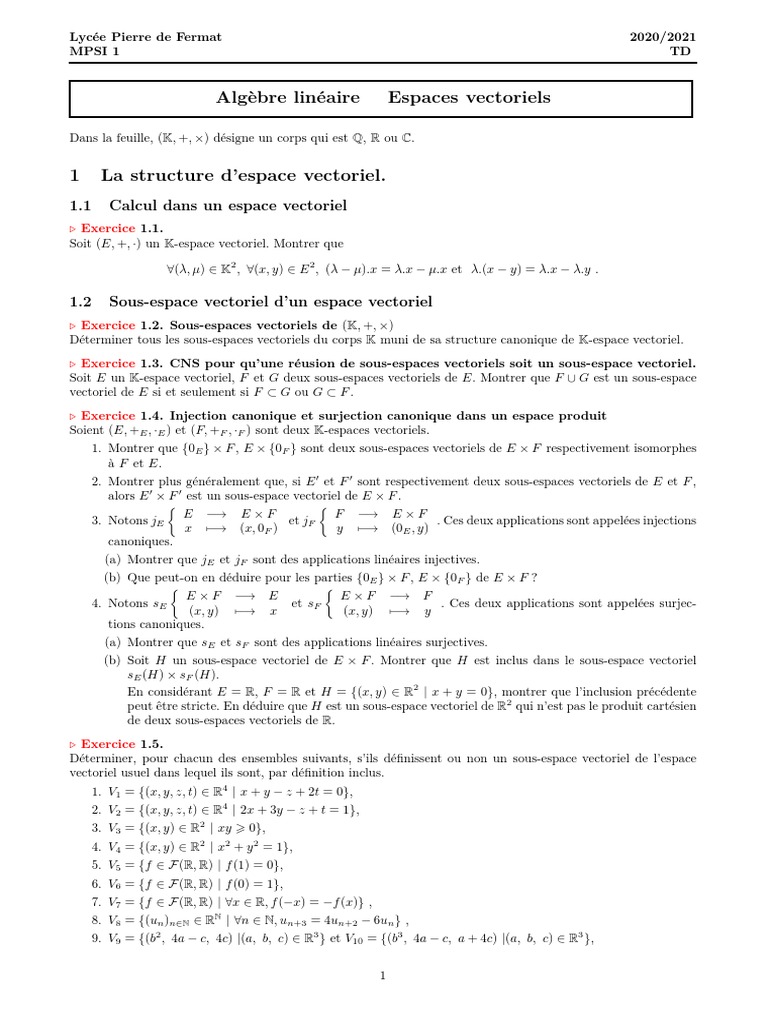 Algèbre Linéaire : Espaces Vectoriels et Exercices | PDF | Espace ...