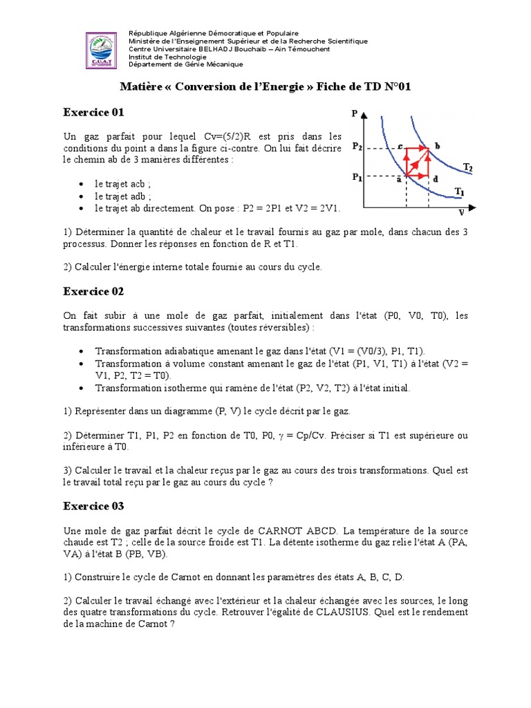 Matière Conversion de L'energie Fiche de TD N°01 Exercice 01 | PDF