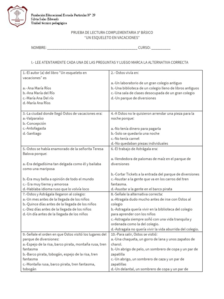 Prueba de lectura: Un esqueleto en vacaciones | PDF