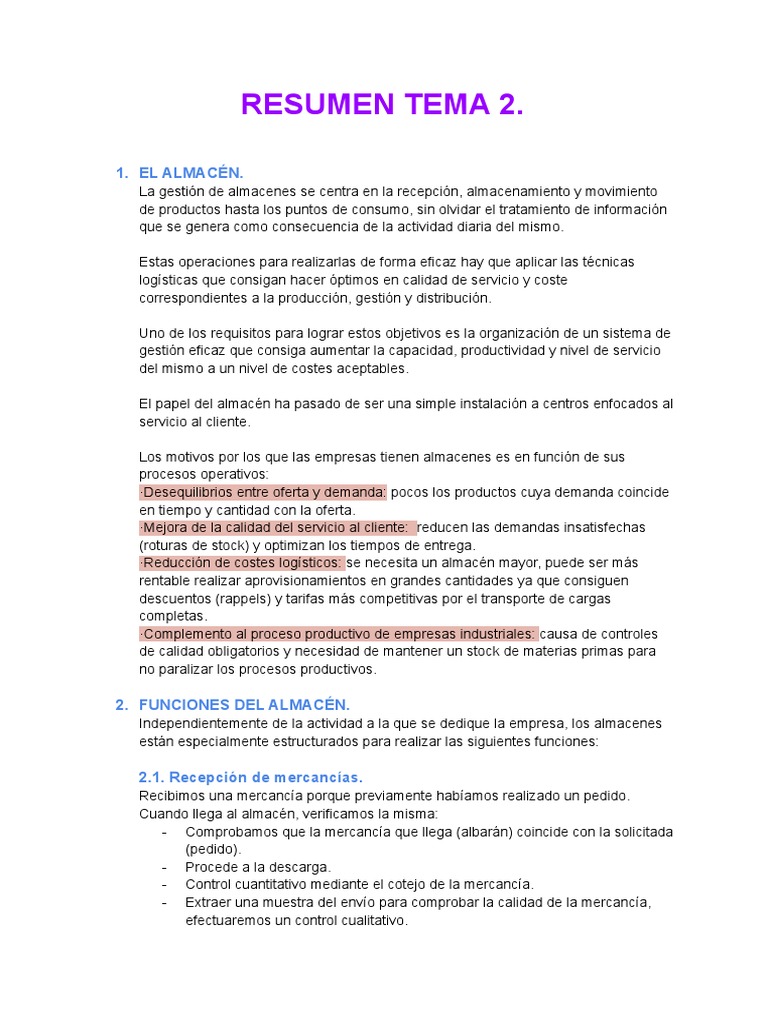 Resumen Tema 2 Técnicas de Almacén. | PDF | Almacén | Calidad (comercial)