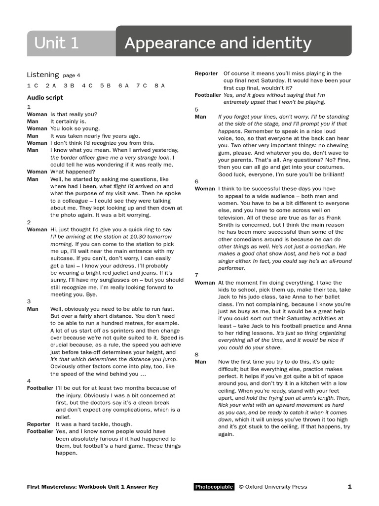 First Masterclass (2015) - Unit 1 (Answer Key - WB) | PDF