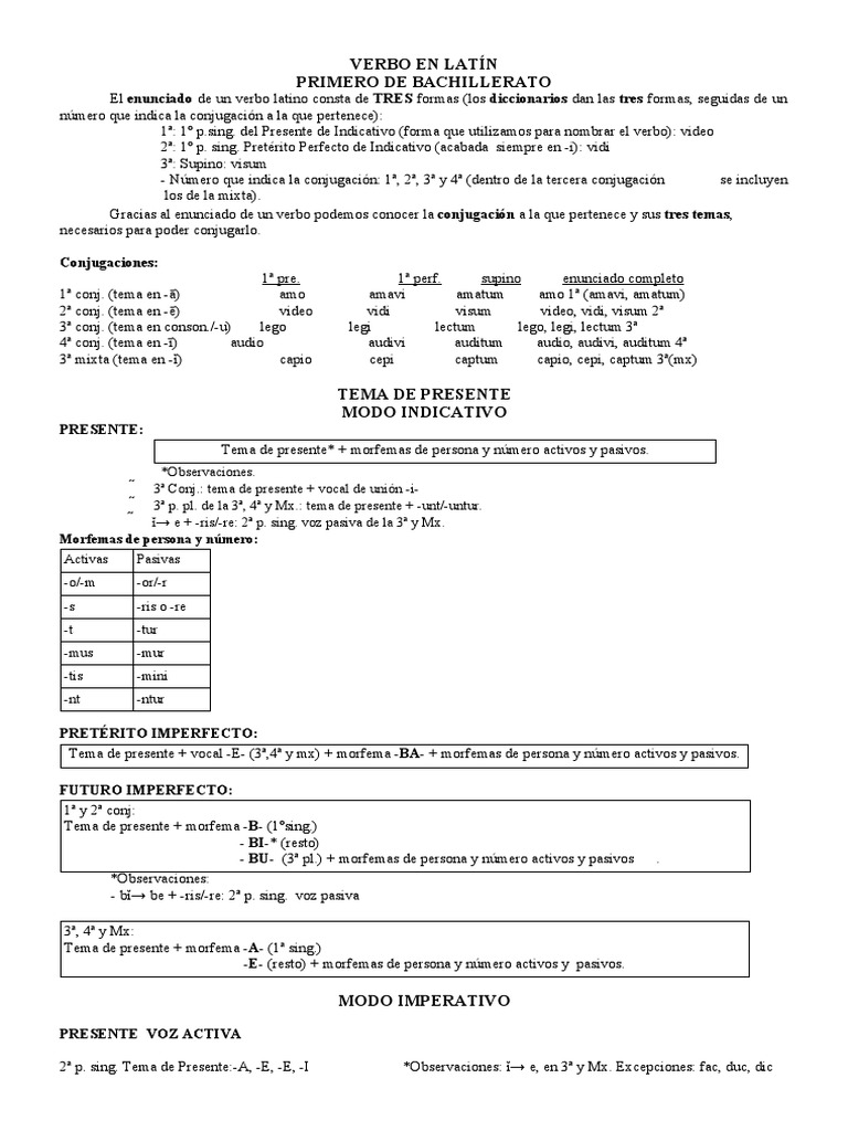 Verbo en Latín-Primero de Bachillerato-2022 | PDF | Conjugación ...