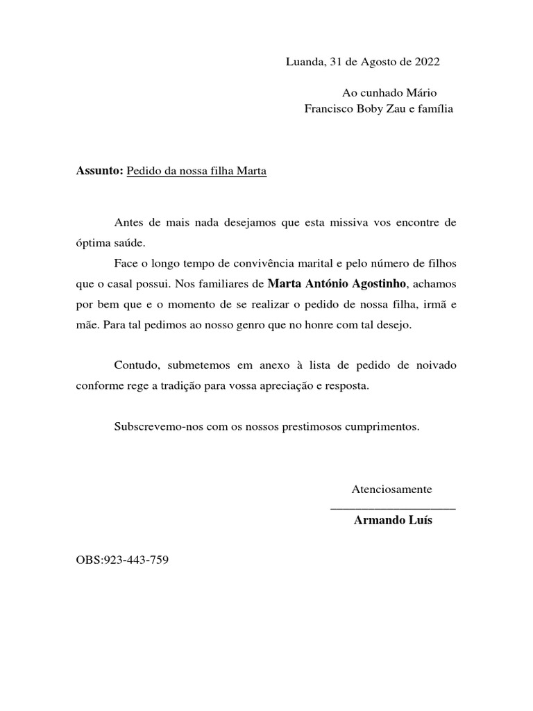 Carta de Pedido de Noivado de Angola | PDF
