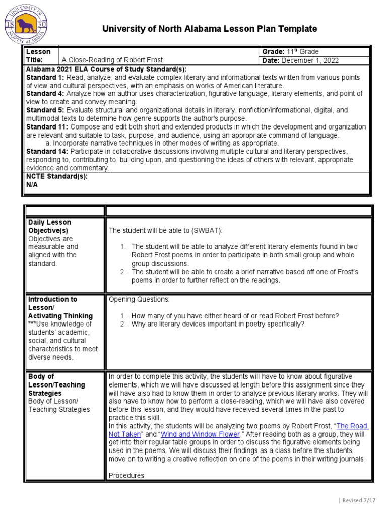 Close-Reading Lesson Plan: Robert Frost | PDF | Educational Assessment ...