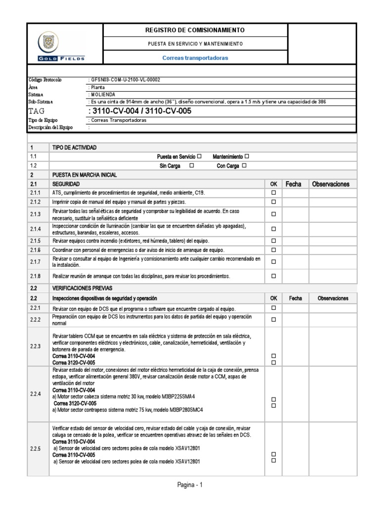 Check List Arranque Correa | PDF | Equipo | Bienes manufacturados