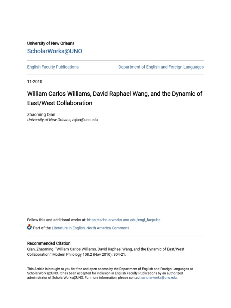 William Carlos Williams, David Raphael Wang, and The Dynamic of East ...