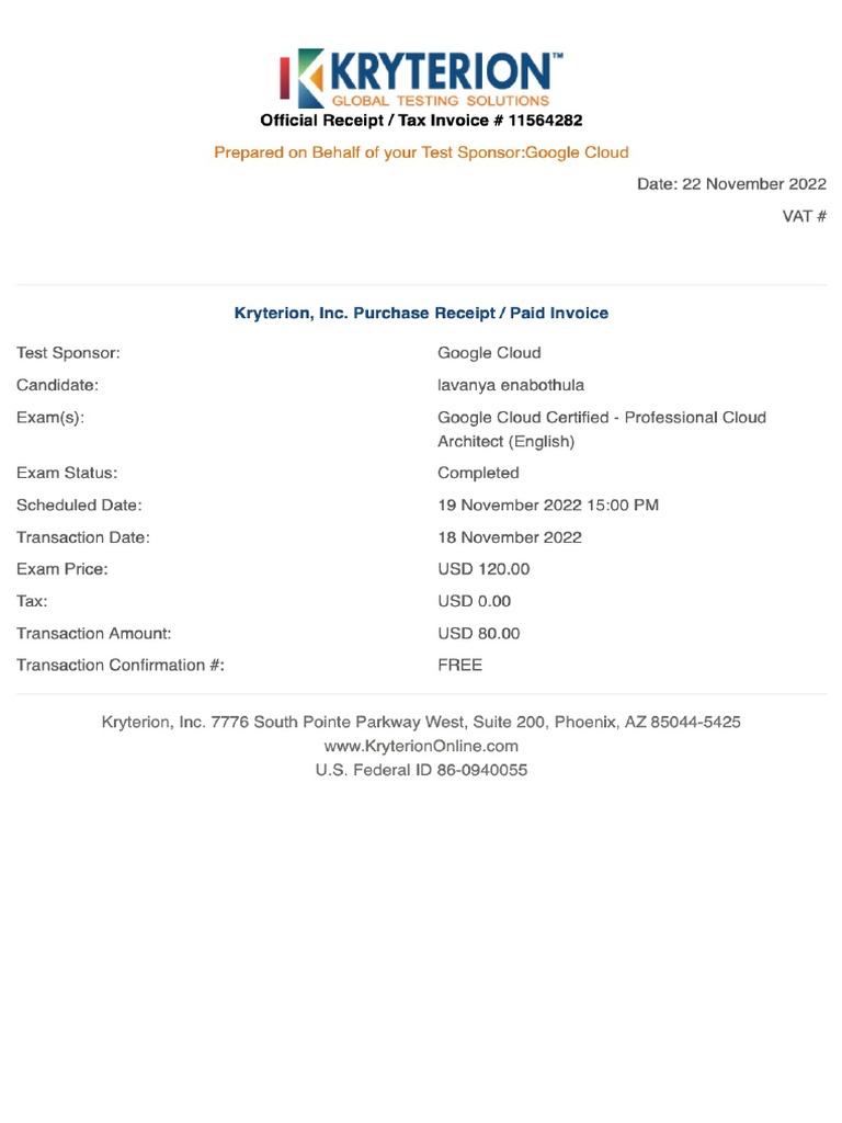 Kryterion Purchase Receipt - 22 November 2022 | PDF