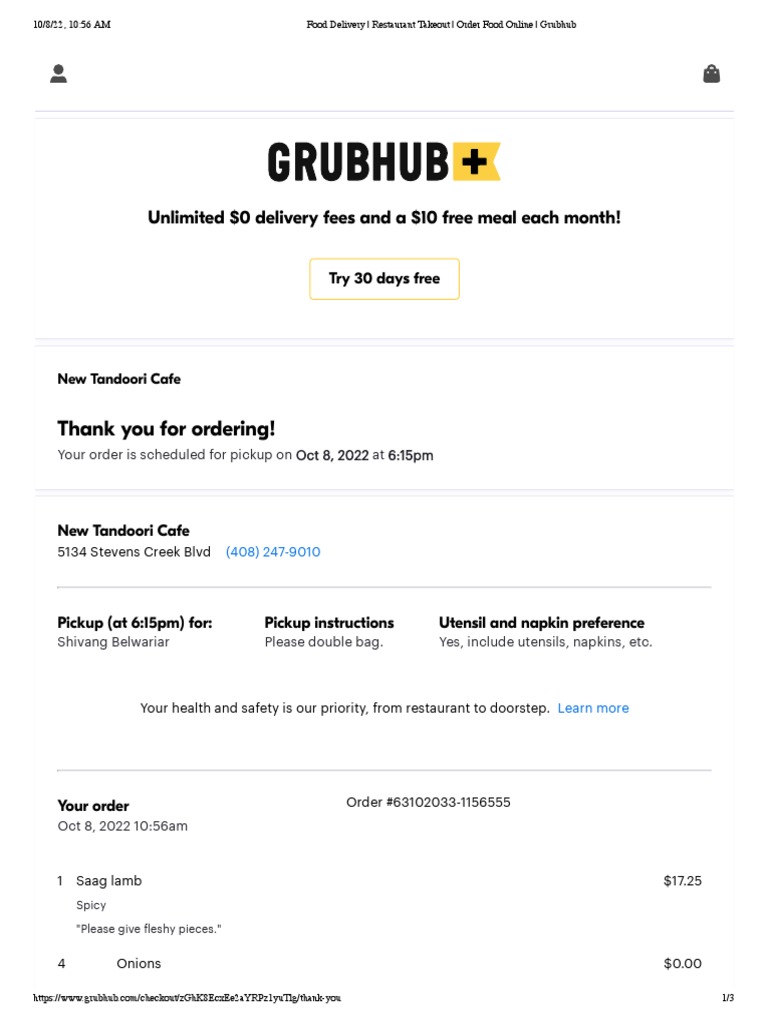 An Order Confirmation and Receipt from New Tandoori Cafe on Grubhub ...