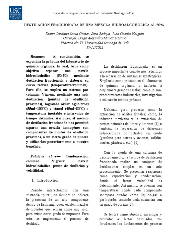 Informe Practica VI | PDF | Destilación | Etanol