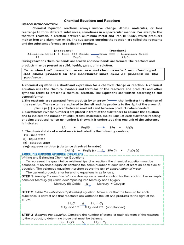 SHS Notes Chemical Equations and Reactions | PDF | Chemical Reactions ...